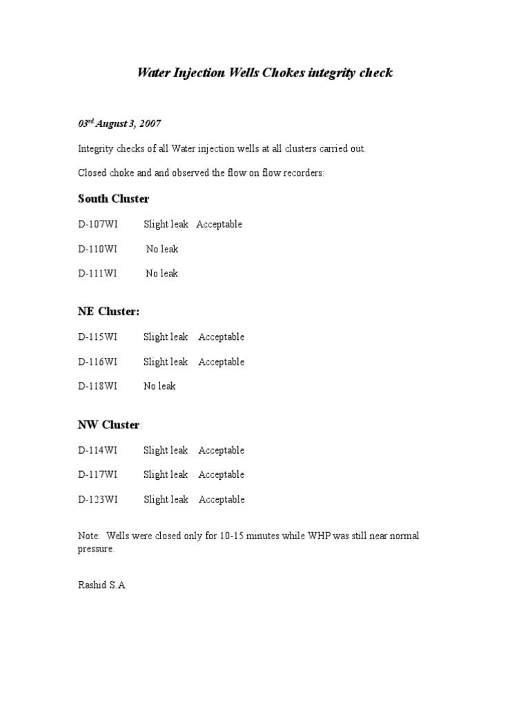 Well Integrity Check Results | PDF