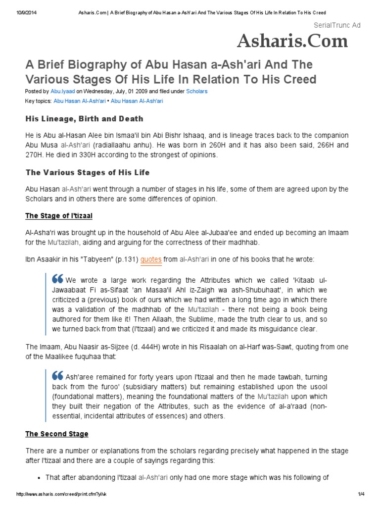 The Various Stages of Abu Hasan al-Ash'ari's Life and His Journey from ...