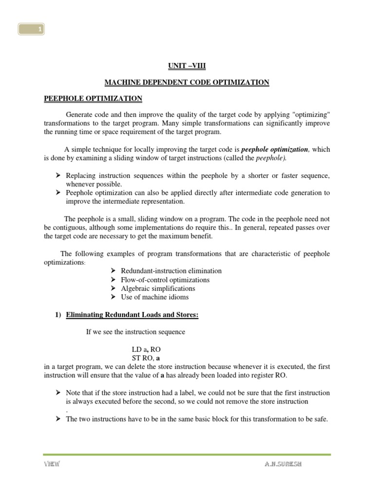 Unit - Viii Machine Dependent Code Optimization Peephole Optimization ...