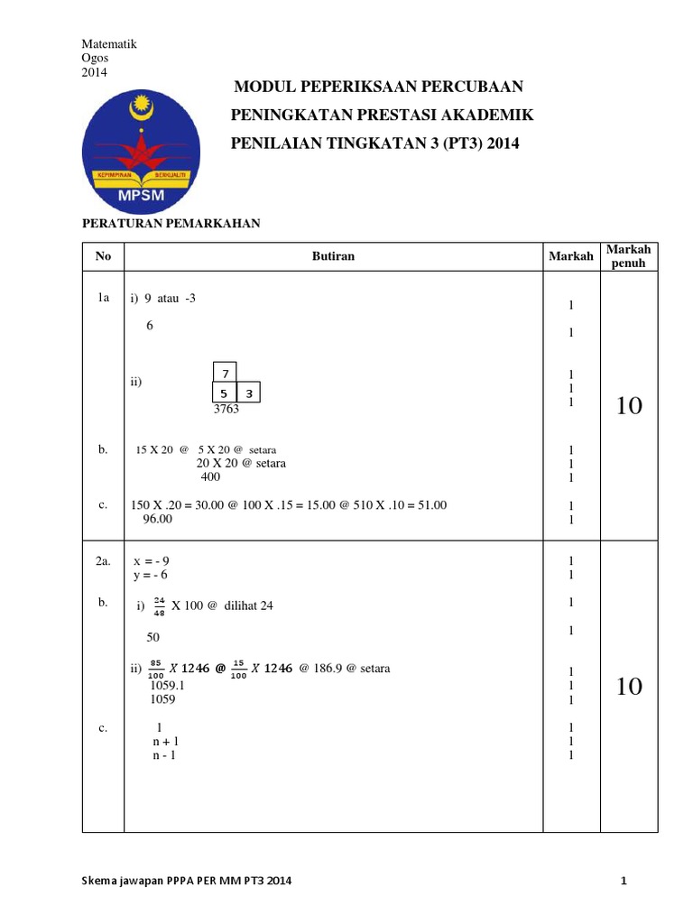 soalan percubaan pt3 matematik dan skema jawapan - Lauren Cameron