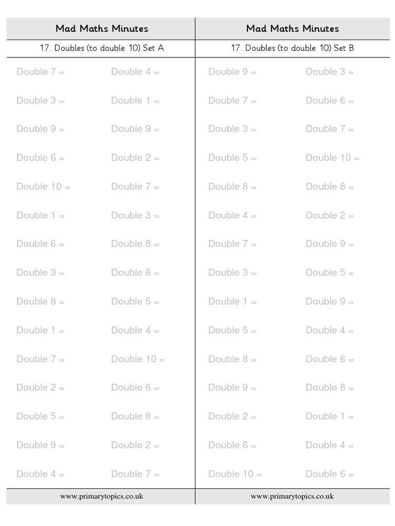 Mad Maths Minutes Mad Maths Minutes: 17. Doubles (To Double 10) Set A ...