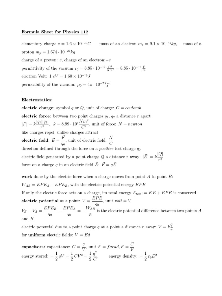 Formulas of Physics | PDF | Volt | Electric Field