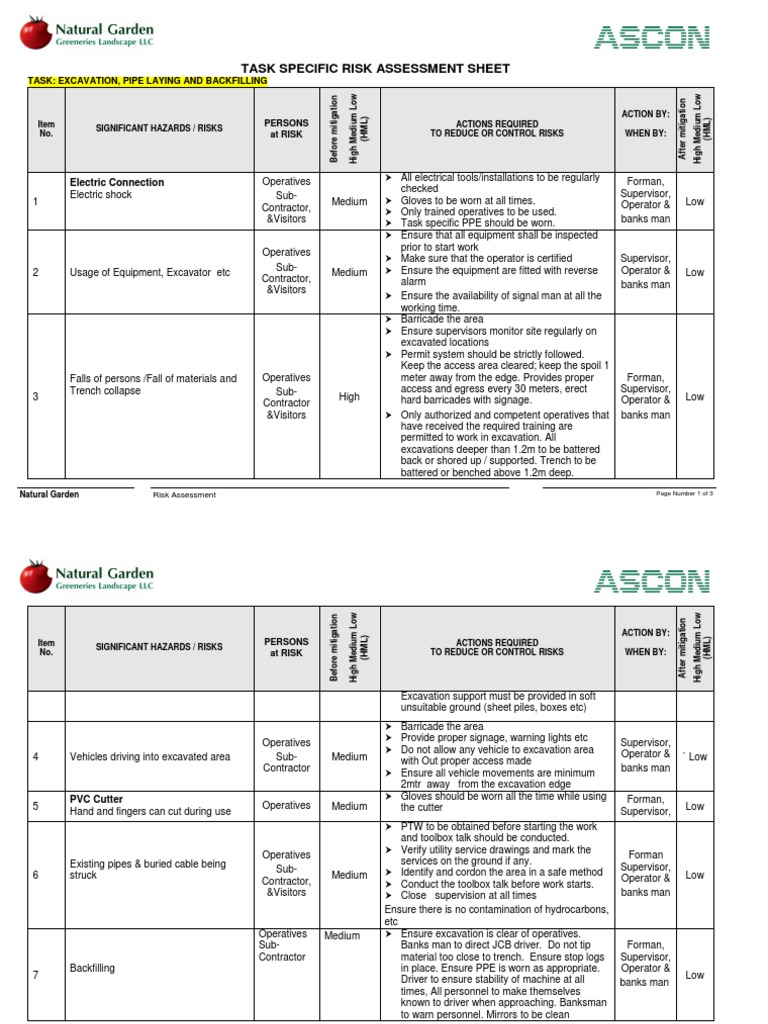 Excavation Risk Assessment Sheet | Hyperthermia | Excavation (Archaeology)