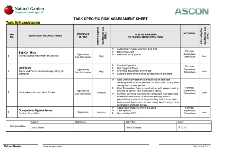 Soft Landscaping Risk Assessment Template | PDF