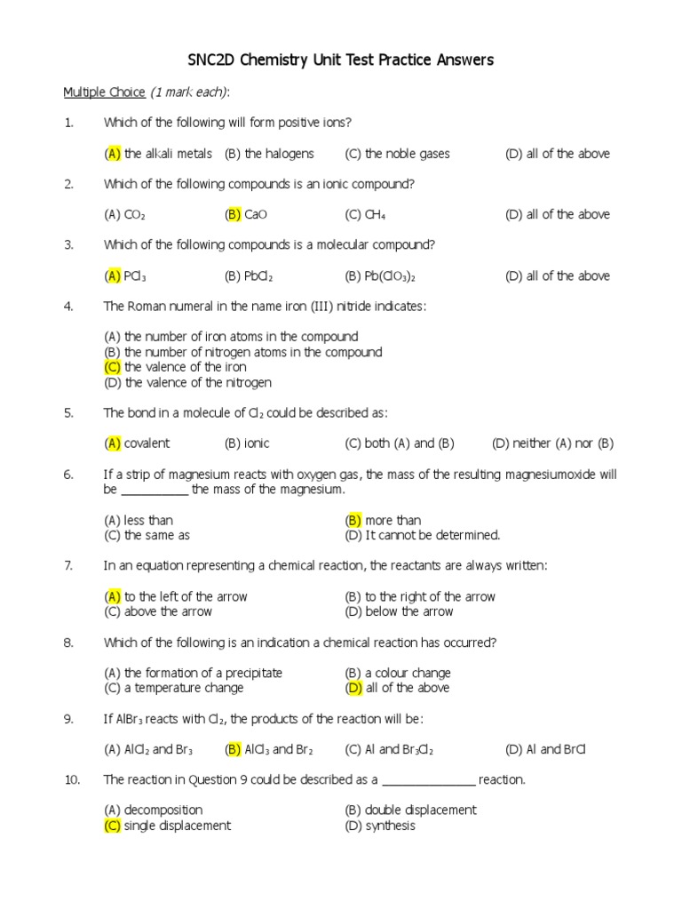 Chemistry Unit Test Practice Answers | PDF | Chemical Compounds ...