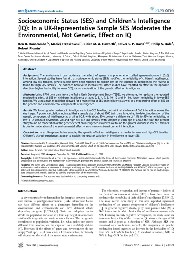 Socioeconomic Status (SES) and Children's Intelligence (IQ) : in A UK ...