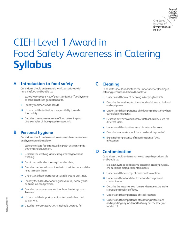 Syllabus - L1 Food Safety For Catering | PDF | Hygiene | Food Safety