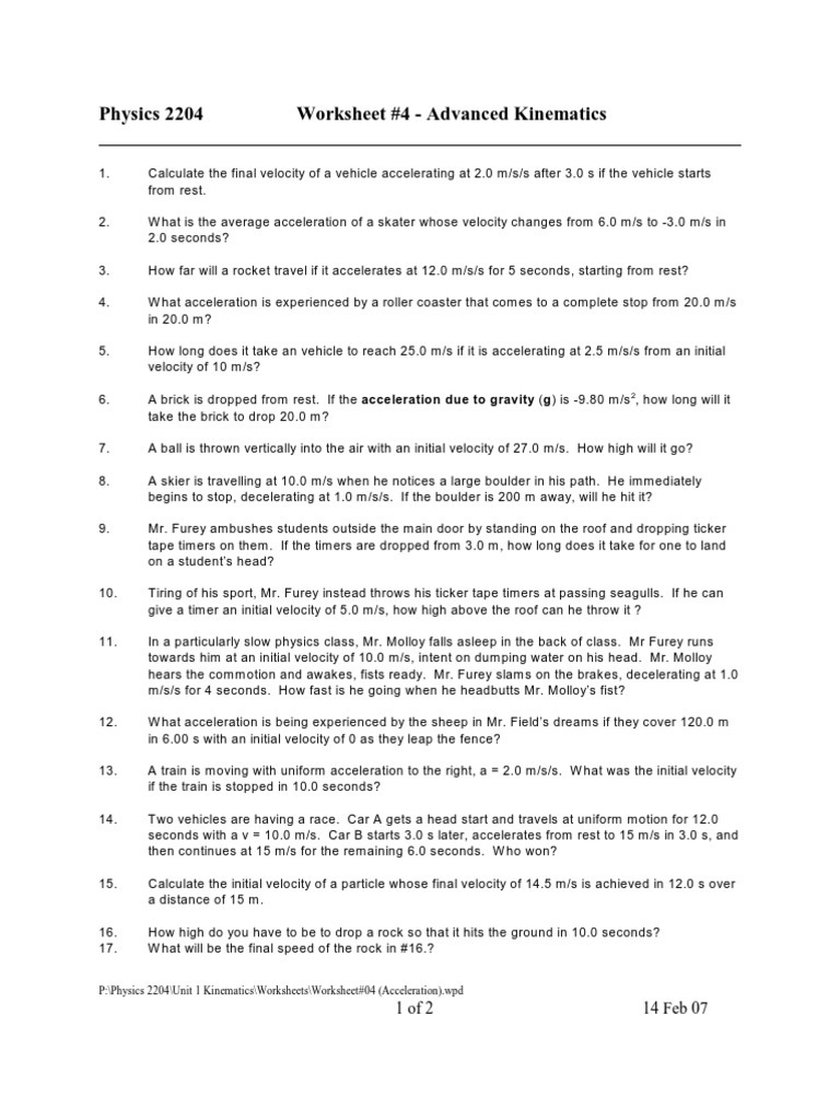 Physics 2204 Worksheet #4 - Advanced Kinematics: 1 of 2 14 Feb 07 | PDF ...