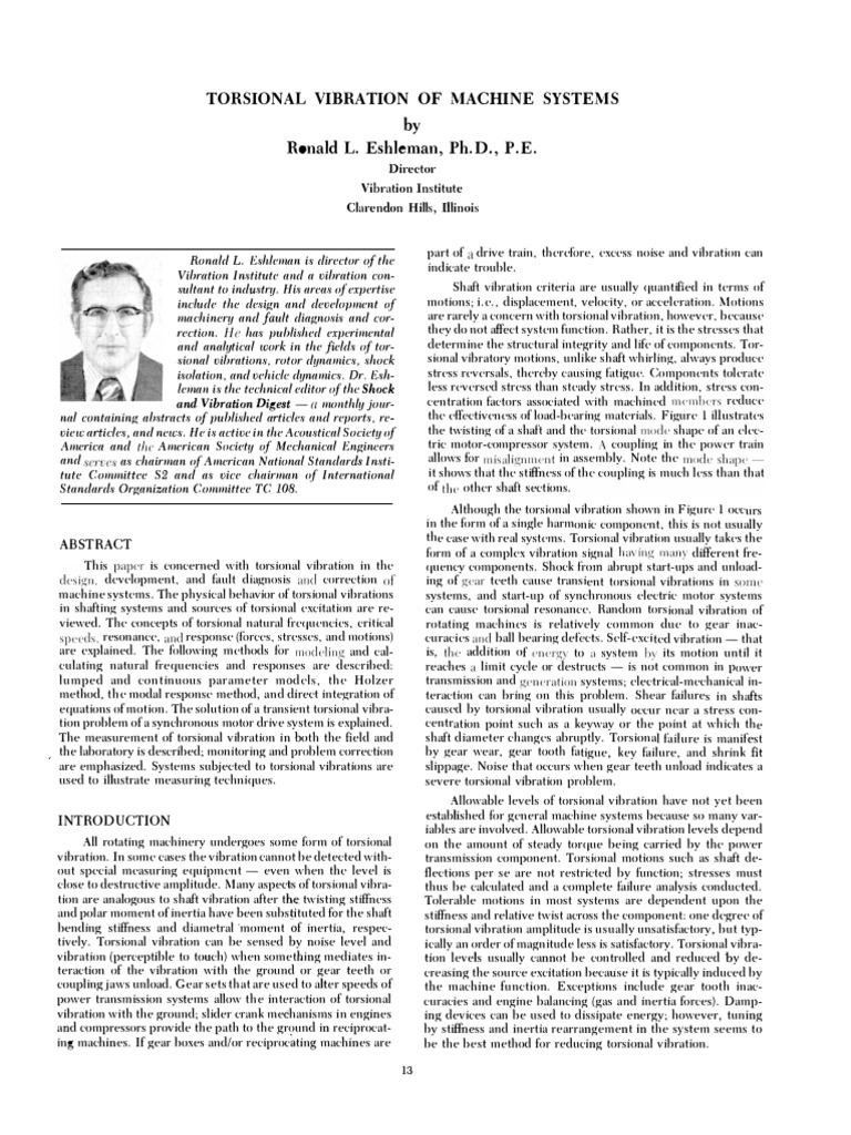 Machine Systems Torsional Vibration of Ronald L. Eshleman PDF | PDF | Applied And ...