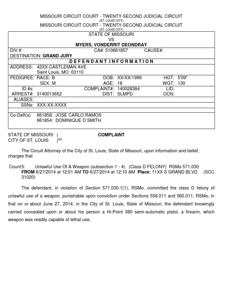 Vonderrit Myers Probable Cause Statement | PDF | Probable Cause | Arrest