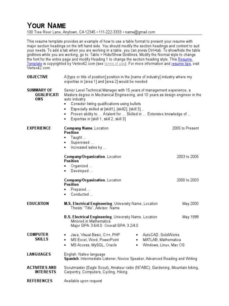 Resume Template Table | PDF