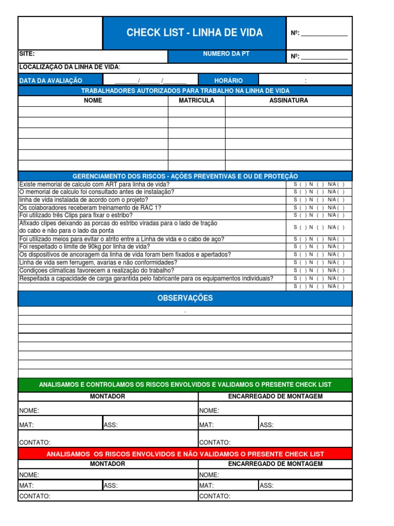 Checklist de inspeção de linha de vida para trabalho em altura | PDF