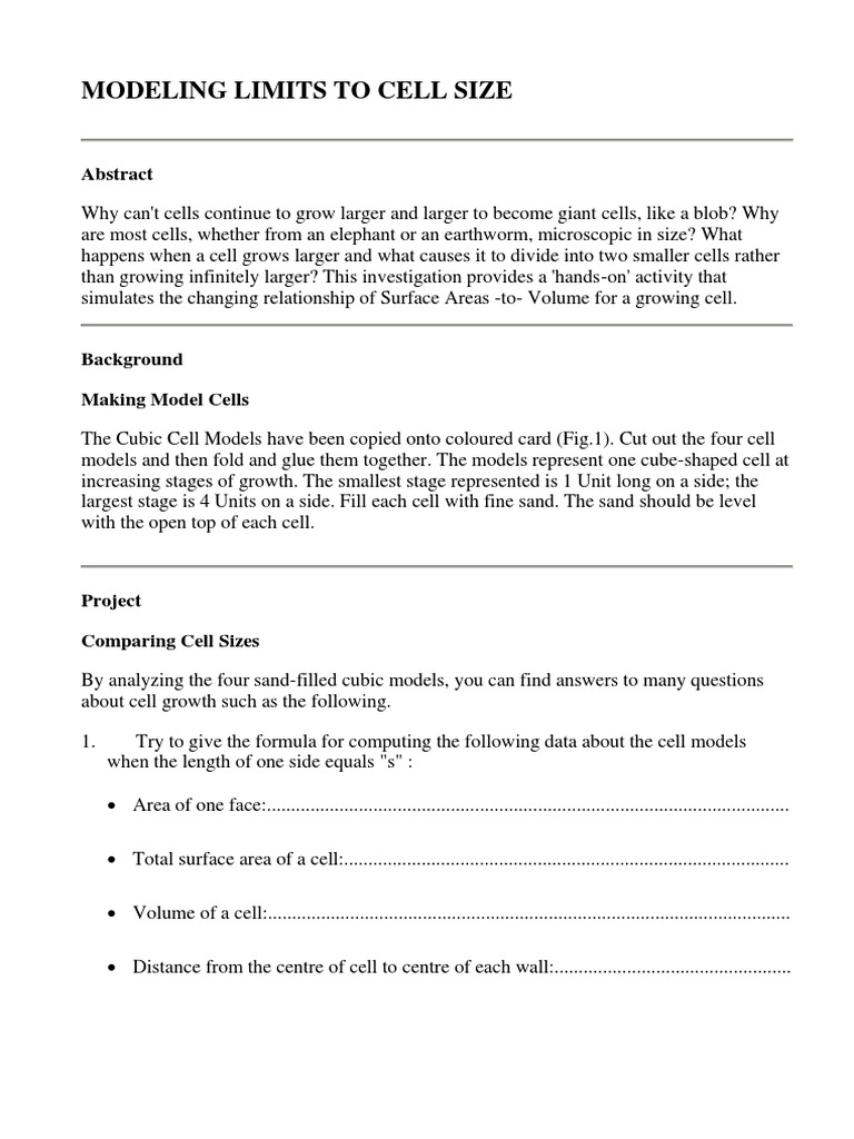 Modeling Limits To Cell Size lAB | PDF | Surface Area | Cell (Biology)