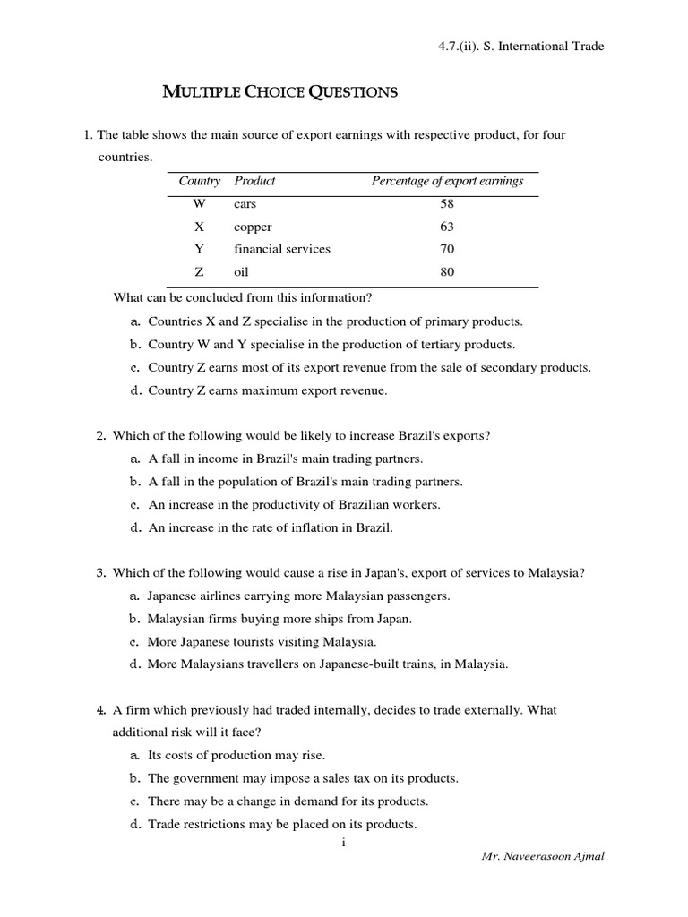 International Trade Multiple Choice Questions | PDF | Malaysia | Brazil