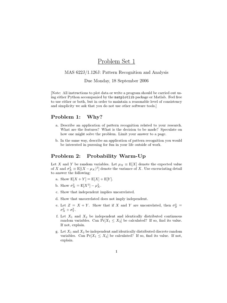 Pattern Recognition Problem Set 1.pdf | Eigenvalues And Eigenvectors ...