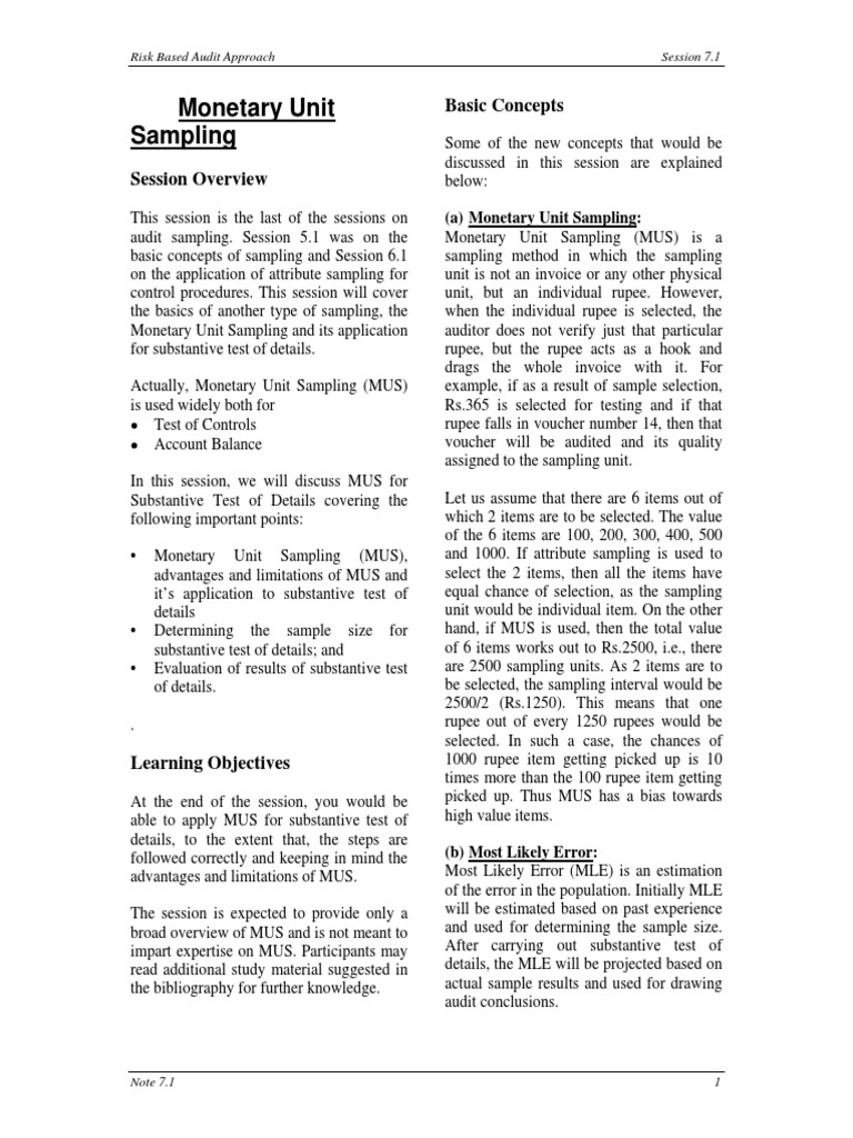 Monetary Unit Sampling: Basic Concepts | PDF | Sampling (Statistics ...