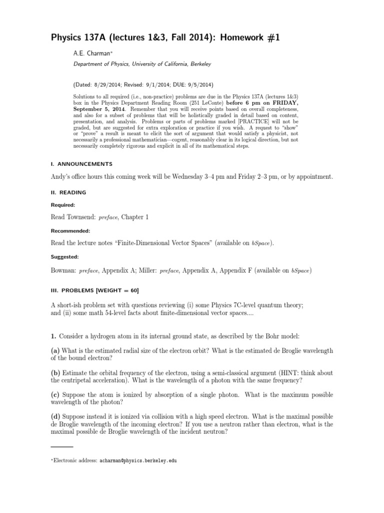 Physics 137A (Lectures 1&3, Fall 2014) : Homework #1: Department of ...