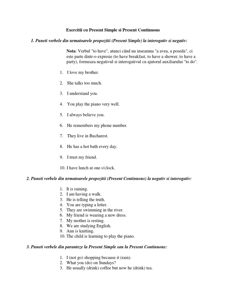 Exercitii Cu Present Simple Si Present Continuous | PDF