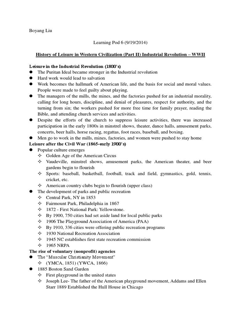 History of Leisure in Western Civilization (Part II) Industrial ...