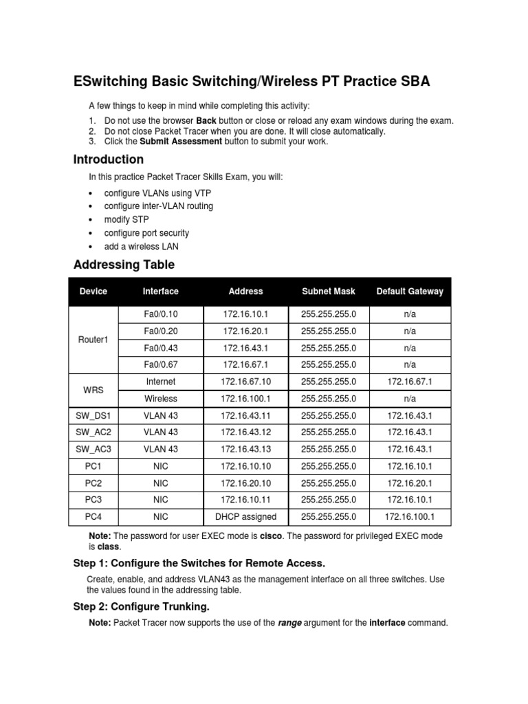 Eswitching Basic Switching/Wireless PT Practice Sba: Step 1: Configure The Switches For Remote ...