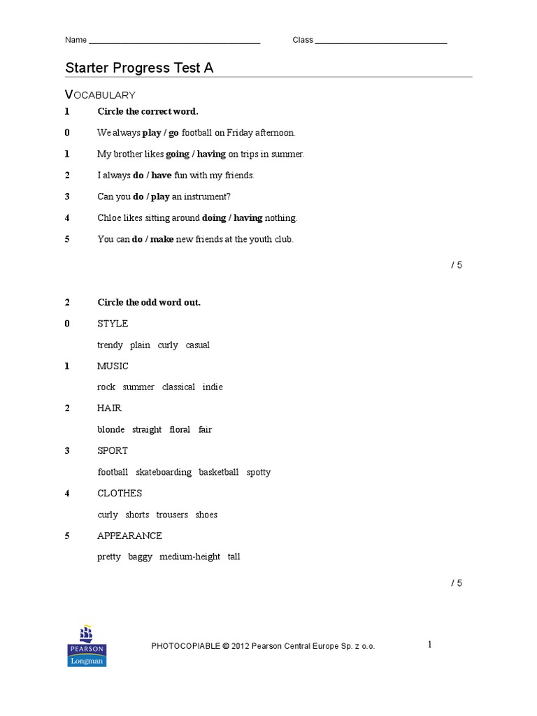 Progress Test Starter A | PDF