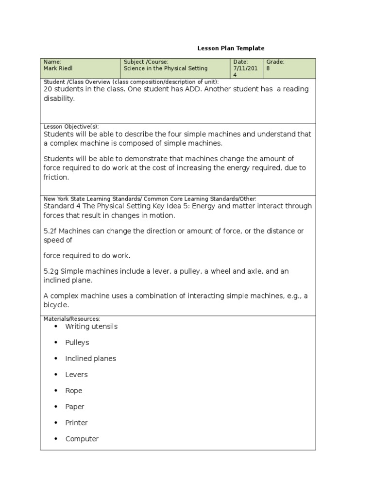 Lesson Plan Machines 8th Grade | Mechanical Engineering | Machines
