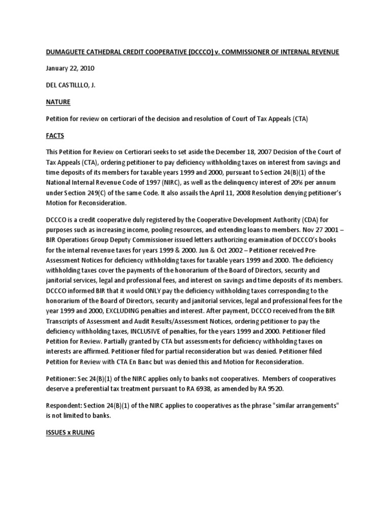 DCCCO v CIR | Certiorari | Taxes