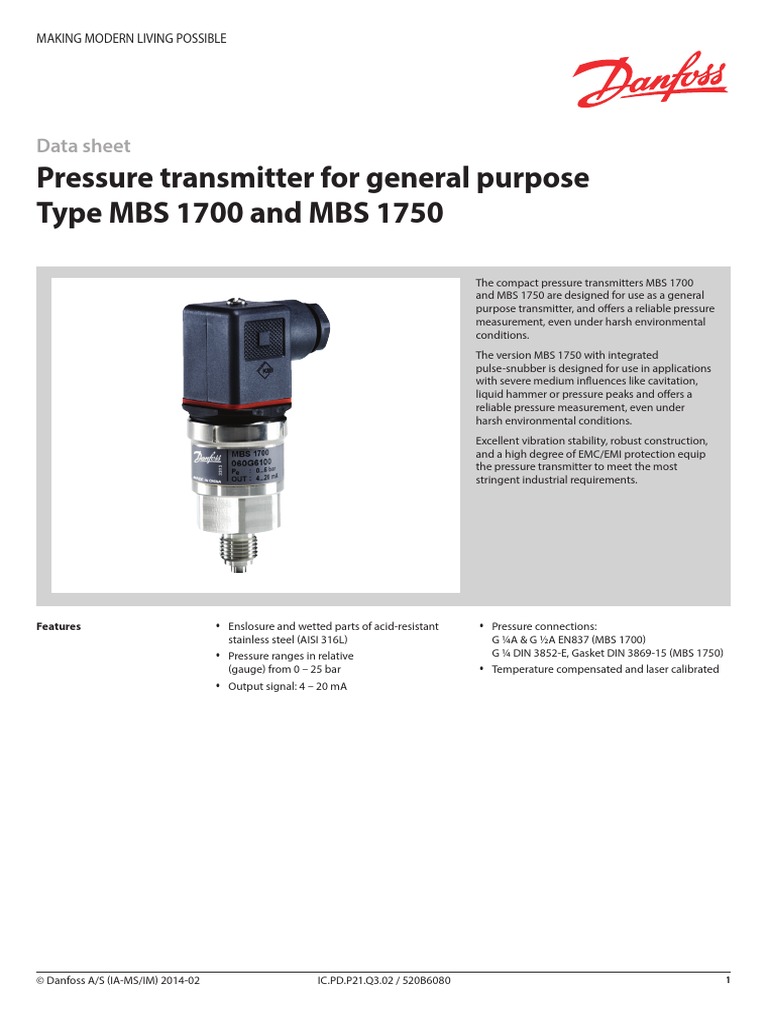 Pressure Transmitter For General Purpose Type MBS 1700 and MBS 1750 | PDF | Liquids | Viscosity