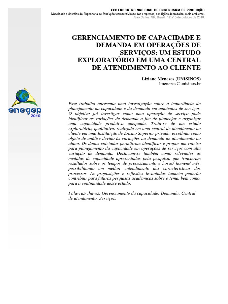 Gestão Da Capacidade e Demanda PDF | PDF | Qualidade (negócios) | Demanda