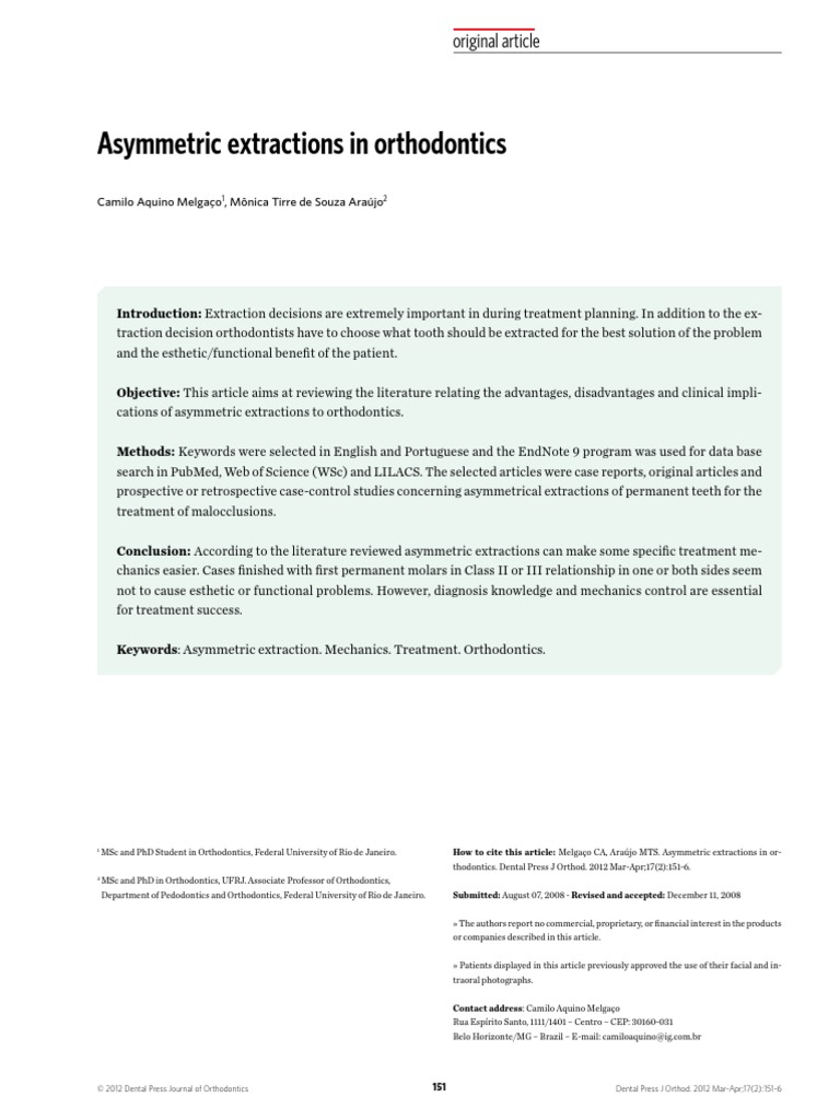 Asymmetric Extractions In Orthodontics Dental Press Pdf Pdf