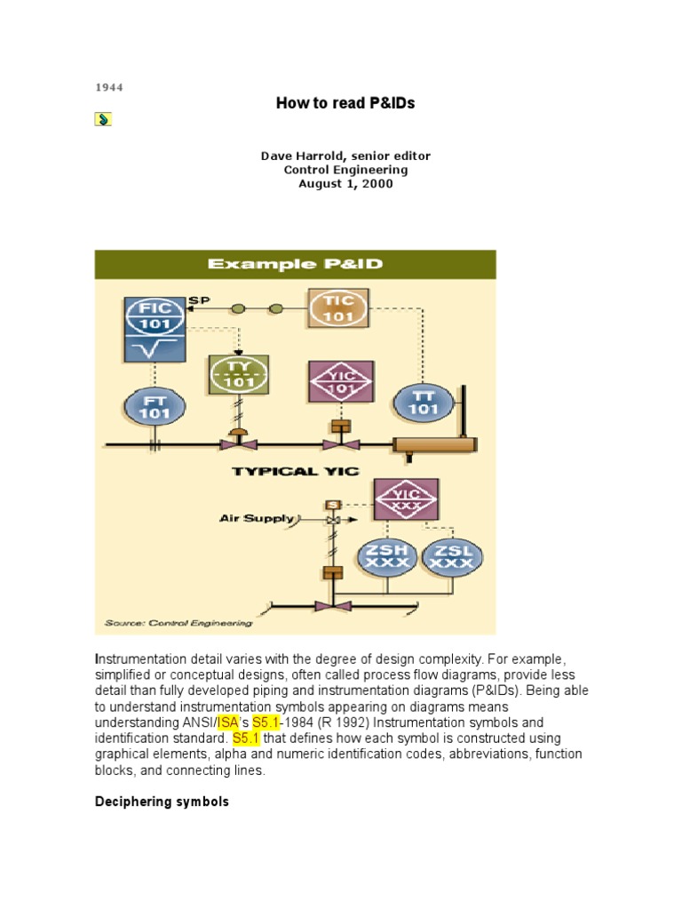 How To Read P&Ids: Dave Harrold, Senior Editor Control Engineering August 1, 2000 | PDF ...