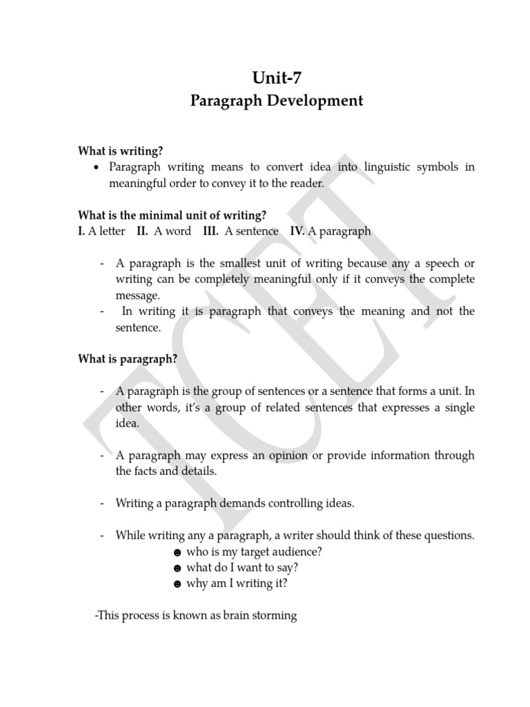 Unit-7: Paragraph Development | PDF | Paragraph | Sentence (Linguistics)