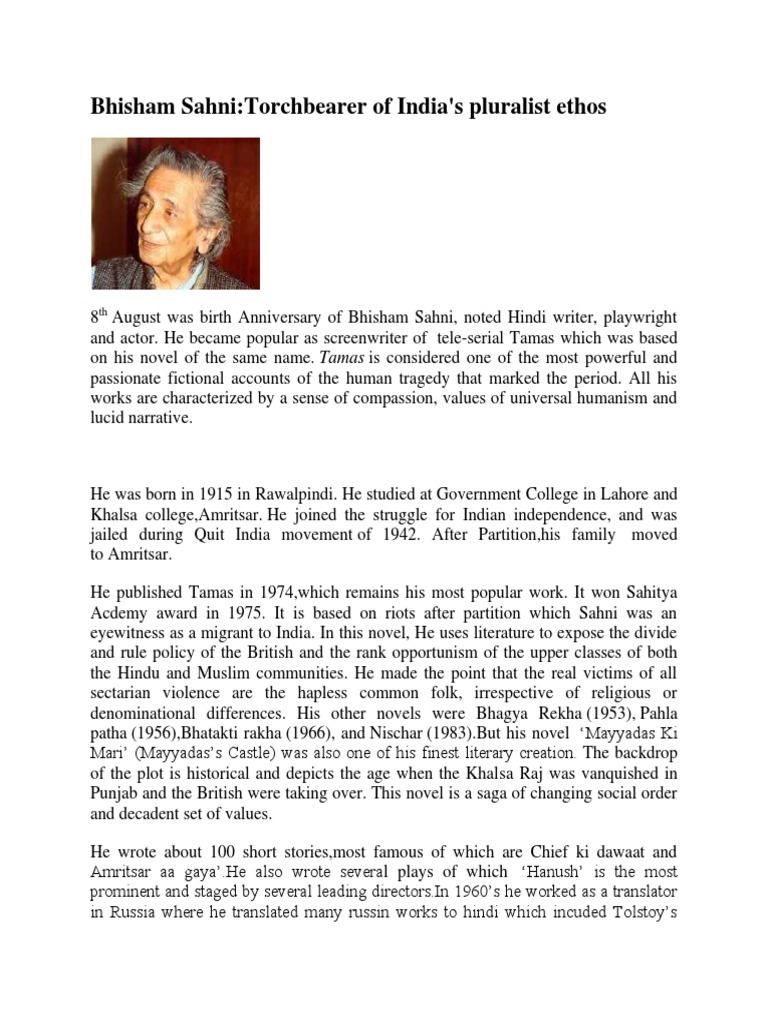 Bhisham Sahni:Torchbearer of India's Pluralist Ethos | PDF | Poetry ...