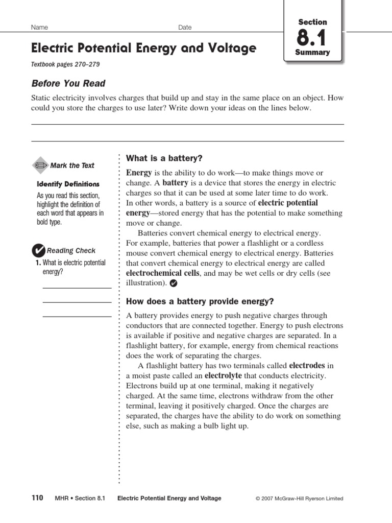 8 1 Workbook - Electric Potential Energy and Voltage PDF | PDF ...
