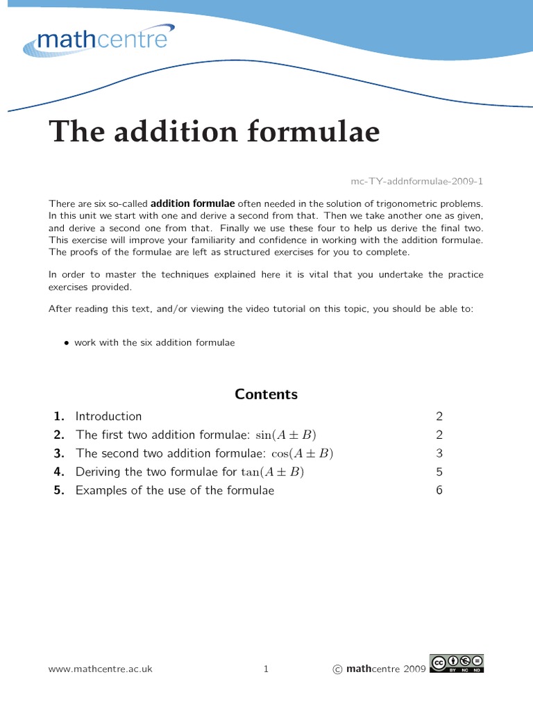 The Addition Formulae | PDF | Trigonometric Functions | Sine