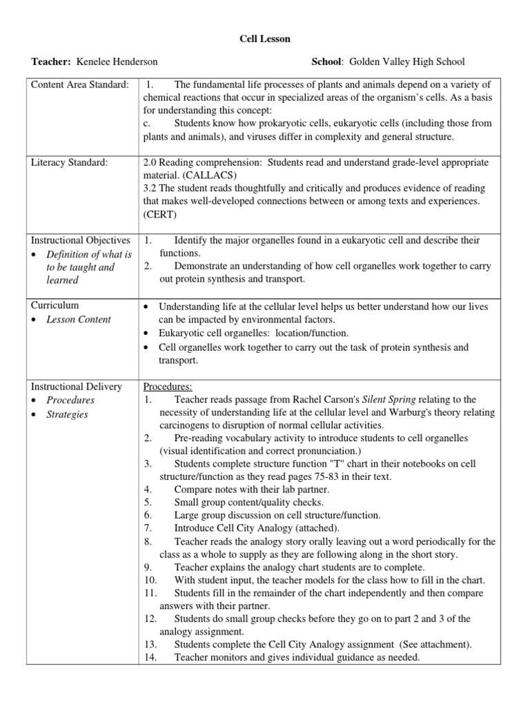 Lesson Plan On Cell Structure