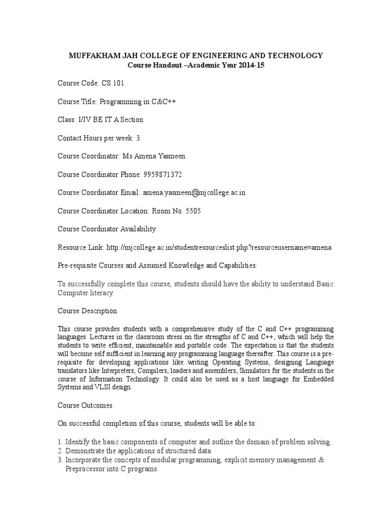 Muffakham Jah College of Engineering and Technology Course Handout ... Muffakham Jah College of Engineering and Technology Course Handout ...