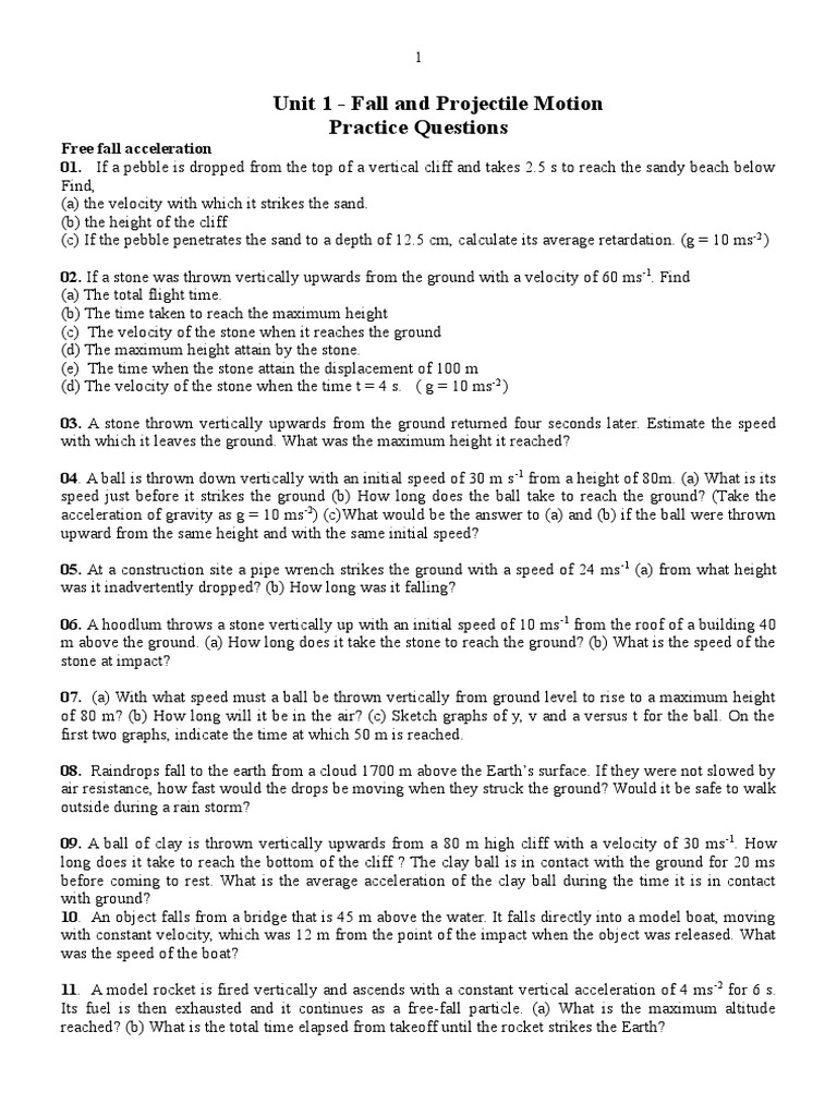 Fall and Projectile Motion Practice Questions | PDF