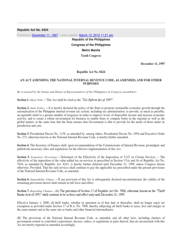 Ra 8424 - Nirc | PDF | Capital Gains Tax | Internal Revenue Service