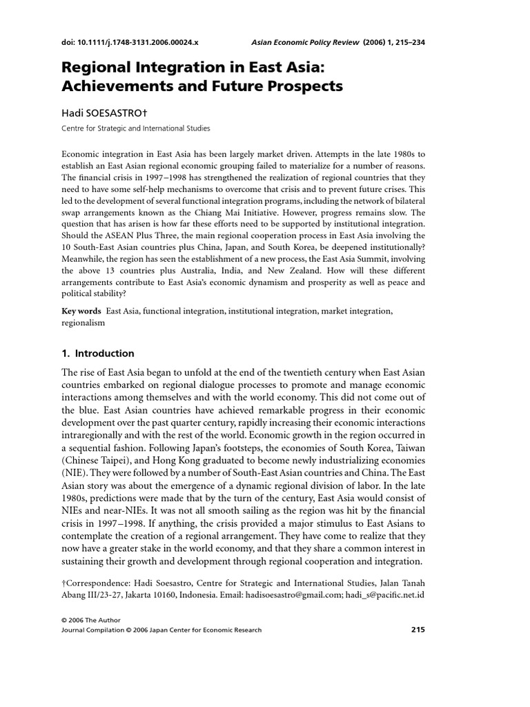 Regional Integration in East Asia: Achievements and Future Prospects ...
