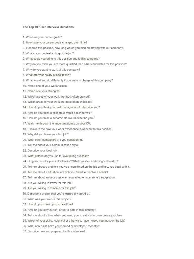 The Top 40 Killer Interview Questions | PDF | Interview | Psychology