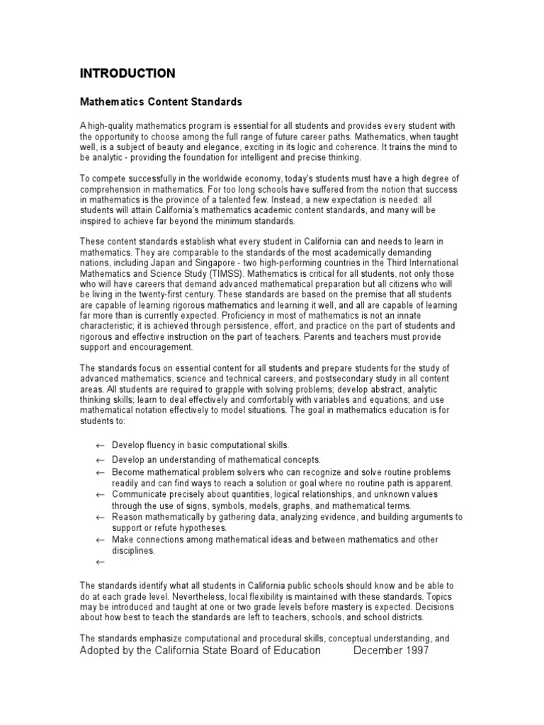 Mathematics Content Standards: Adopted by The California State Board of ...