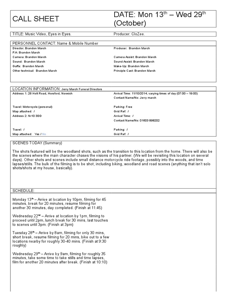 Music Video Call Sheet Example | PDF | Teaching Methods & Materials ...