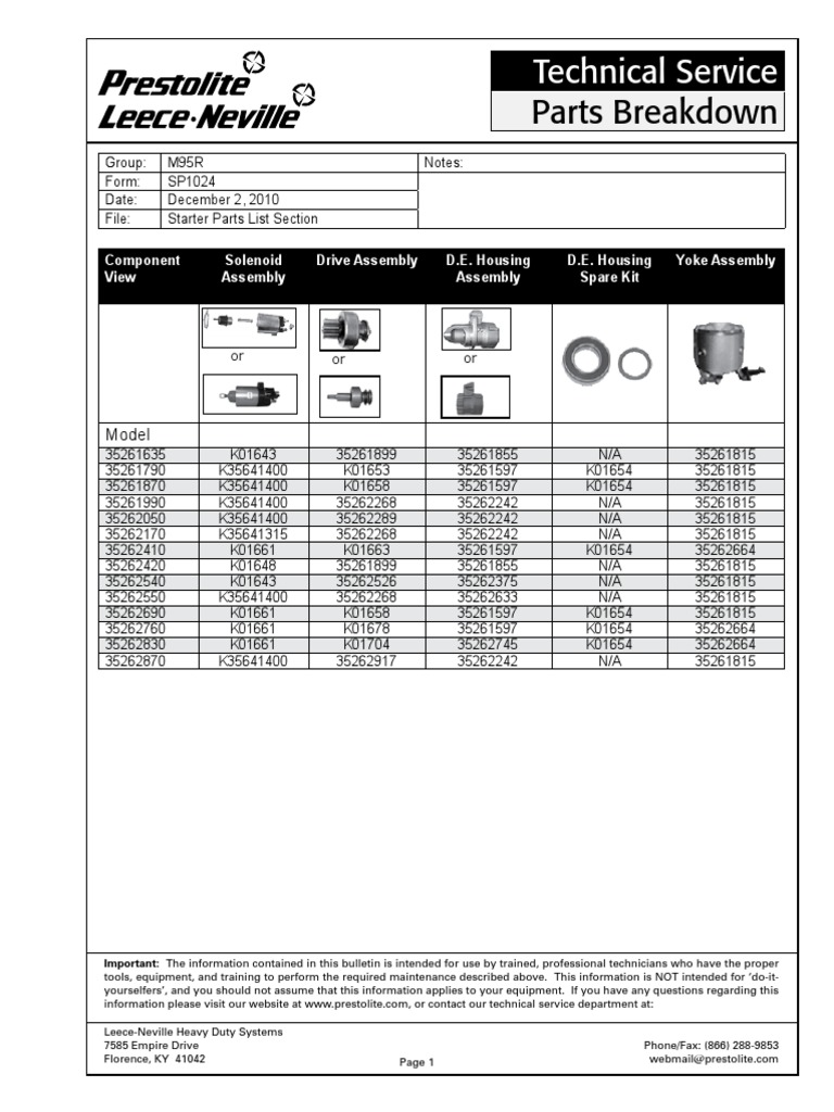 Arranque Prestolite 352 616 35A SP1024 - M95R - Parts - List PDF | PDF ...