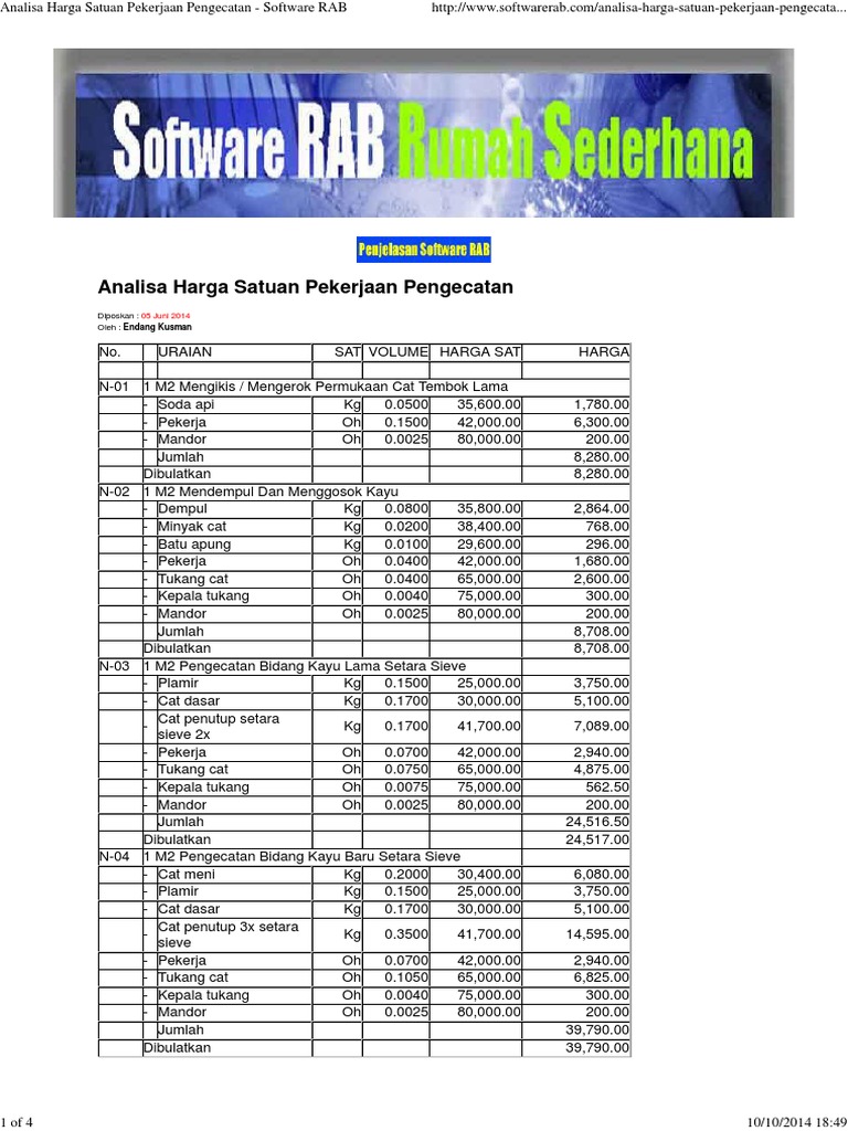 Analisa Harga Satuan Pekerjaan Pengecatan - Software RAB | PDF ...