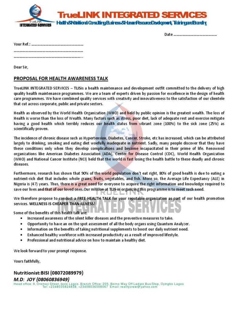 Proposal For Health Awareness Talk | PDF | Chronic Condition | Nutrition