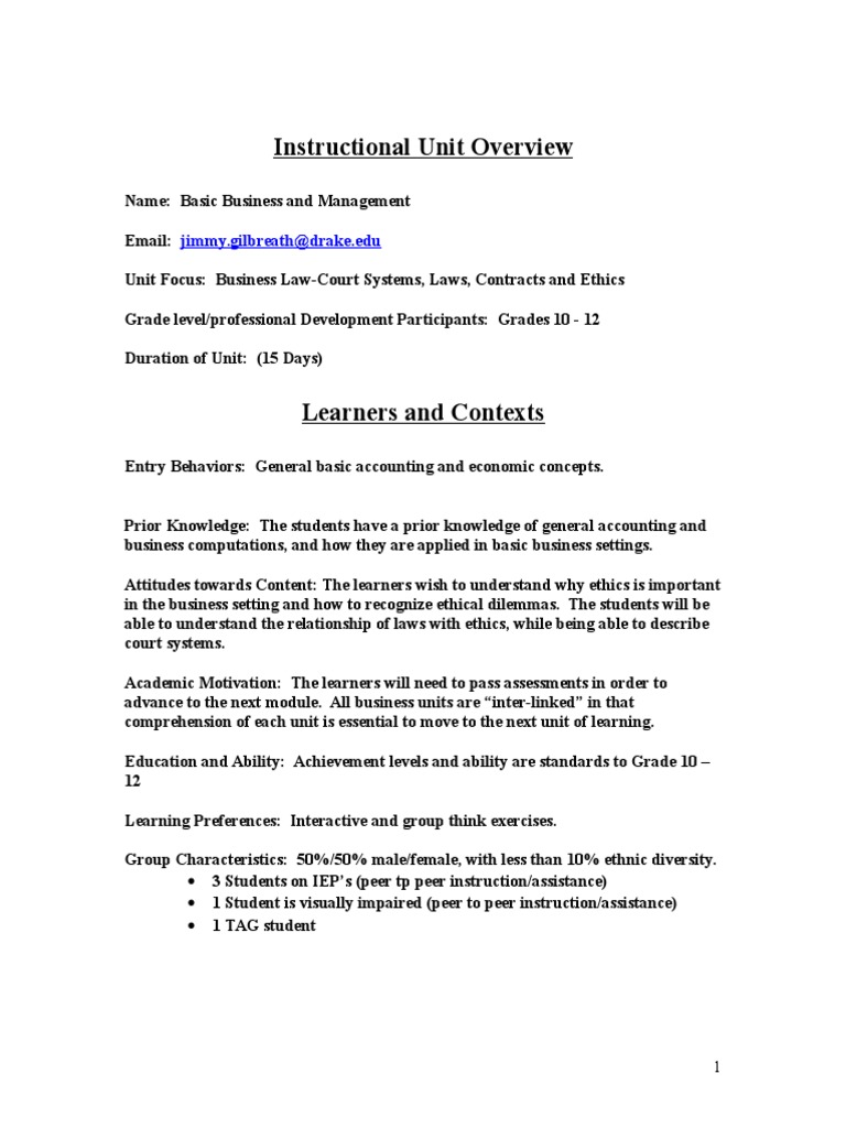 Business Law & Ethics Unit Plan | PDF | Emergence | Cognition