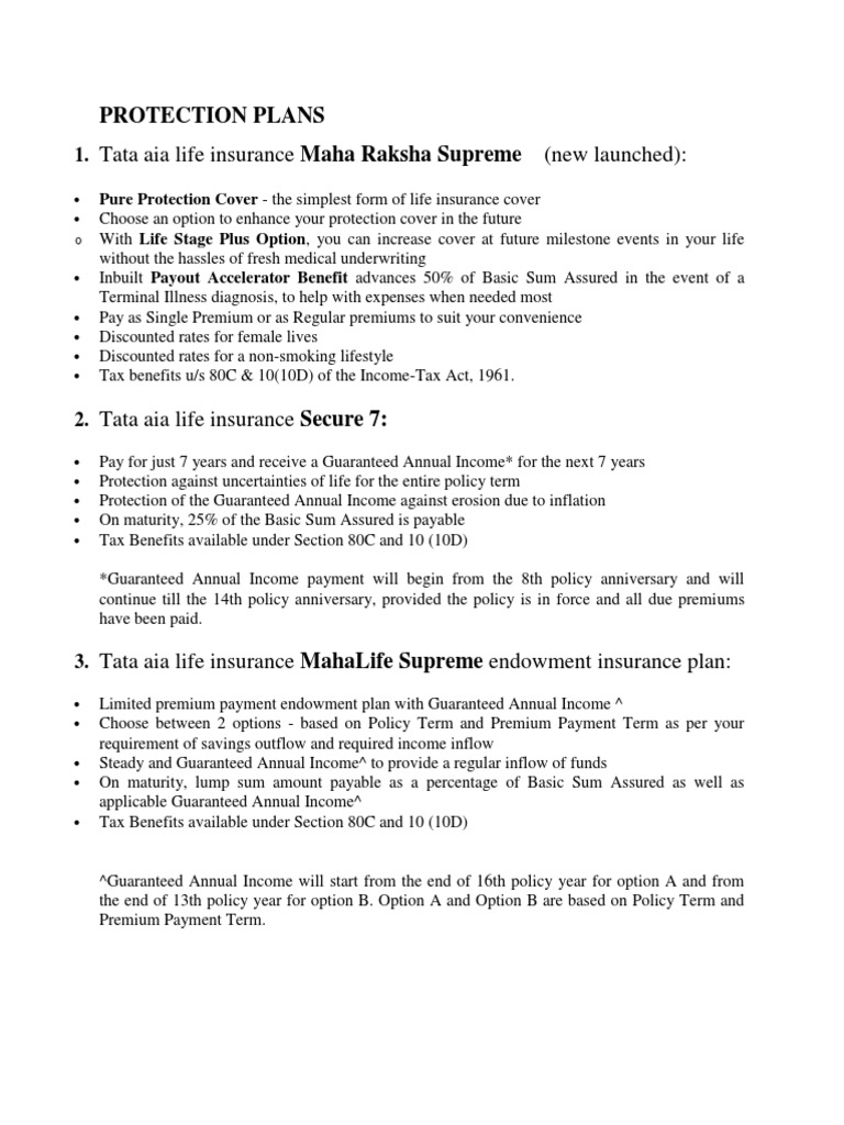Tata Aia Life Insurance PLANS | Life Insurance | Insurance
