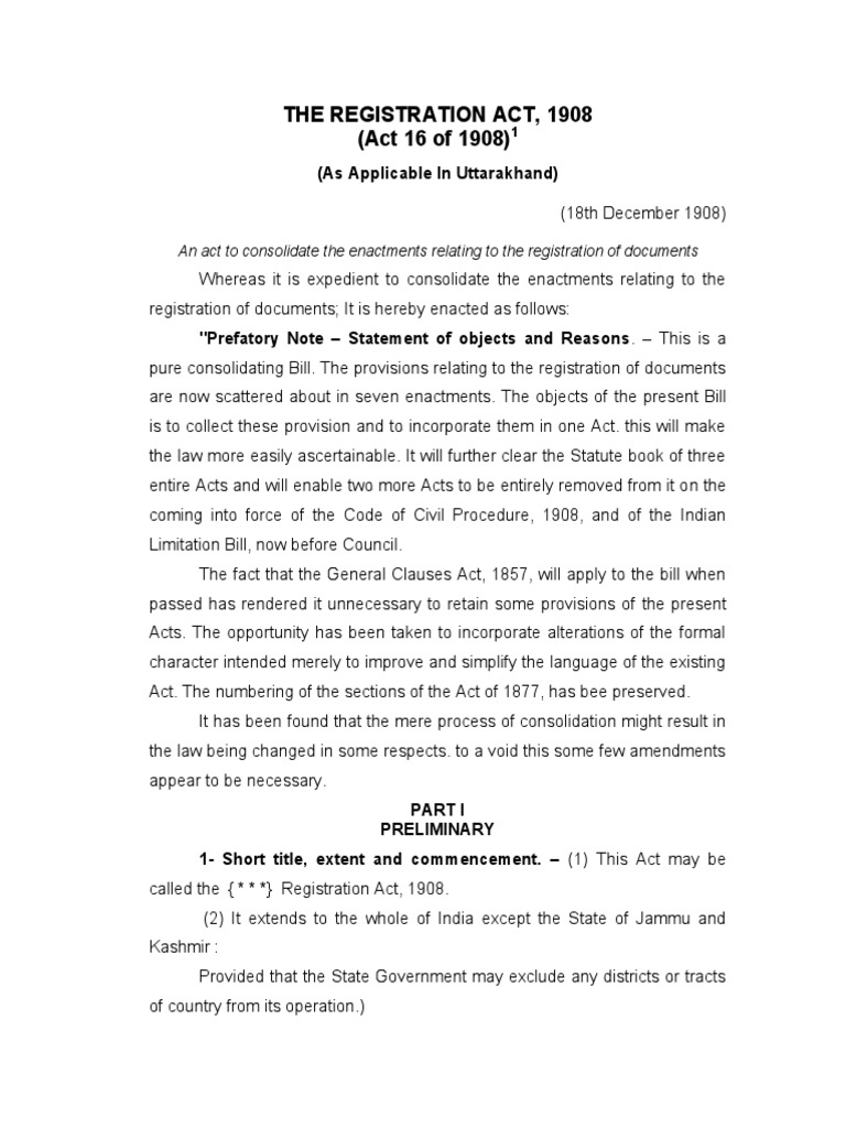 Registration Act 1908 | PDF | Will And Testament | Act Of Parliament
