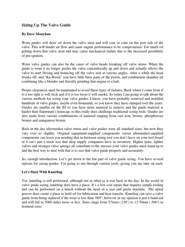 Valve Guide Sizing for Machinists | PDF | Valve | Metalworking